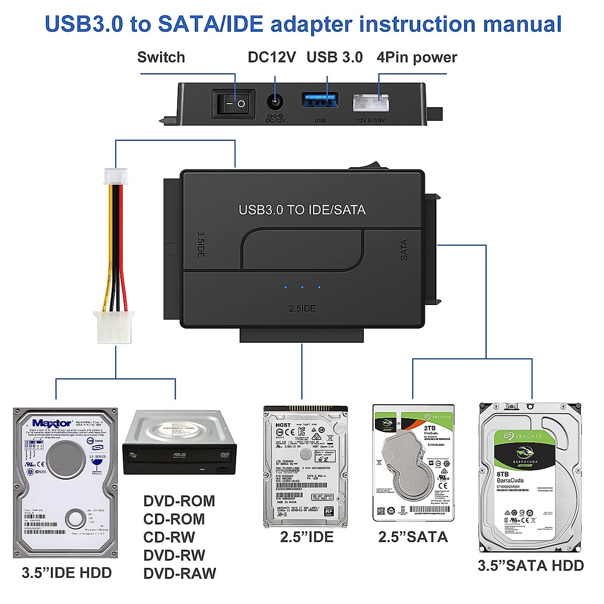 USB 3.0 to SATA IDE Hard Drive Reader, YINNCEEN External Hard Drive Ultra Recovery Converter Universal Hard Drive Adapter Kit for 2.5/3.5 HDD/SSD Hard Drive Disk, Include 12V/2A Power Adapter