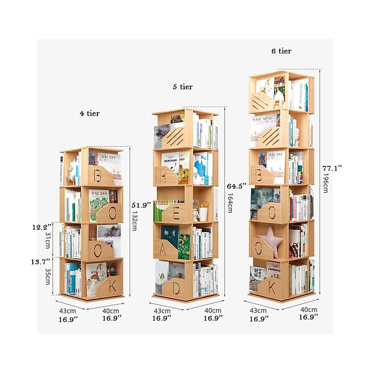 4-tier/5-tier/6-tier Bookshelf 360° Rotating Bookshelf Solid Wood Floor Bookshelves Square Rack Bookcase Modern Bookcase