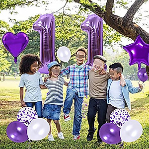 Maigendoo 11 Number Balloon Set Digit Balloons Latex Balloon Confetti Balloon Heart Star Moon Foil Mylar Balloon with Swirl Decorations for 11th Birthday Party Graduation Anniversary Event, Purple