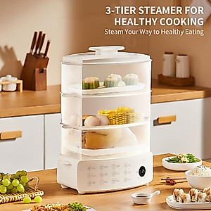 Electric Steamer for Cooking Vegetable Steamer Food Steam Cooker 900w Motor for Fast Steaming Veggie Dumpling Tamale Fish Egg Bun Tortilla,12.68 Quart 3-Tier Design Bpa-Free,Auto Shutoff,Smart Digital