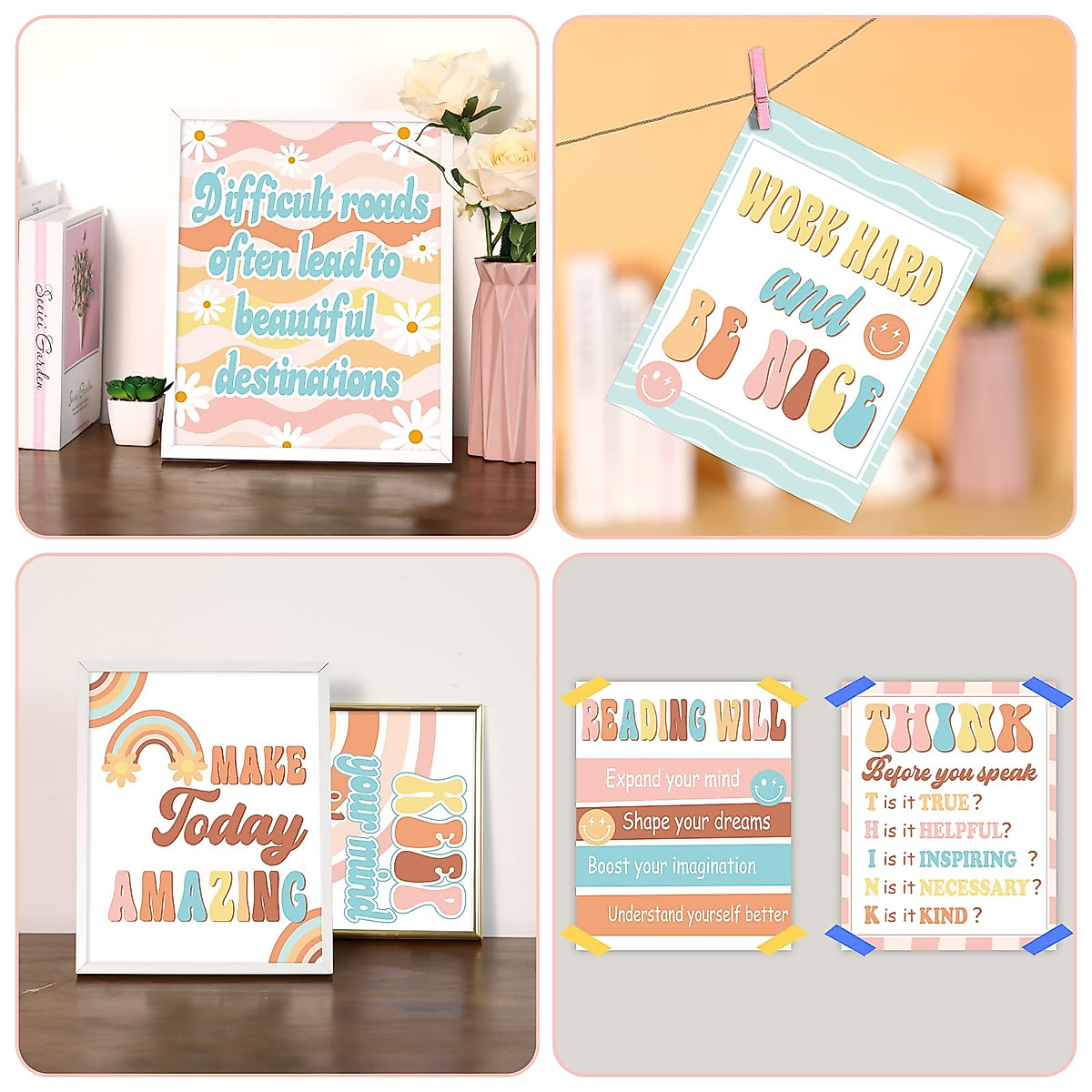 ZOIIWA 12 Retro Groovy Classroom Decorations Posters Groovy Hippie Bulletin Board Set Back to School Retro Growth Mindset Poster for Kids Classroom Homeschool Kindergarten Wall Art Unframed (8×10)