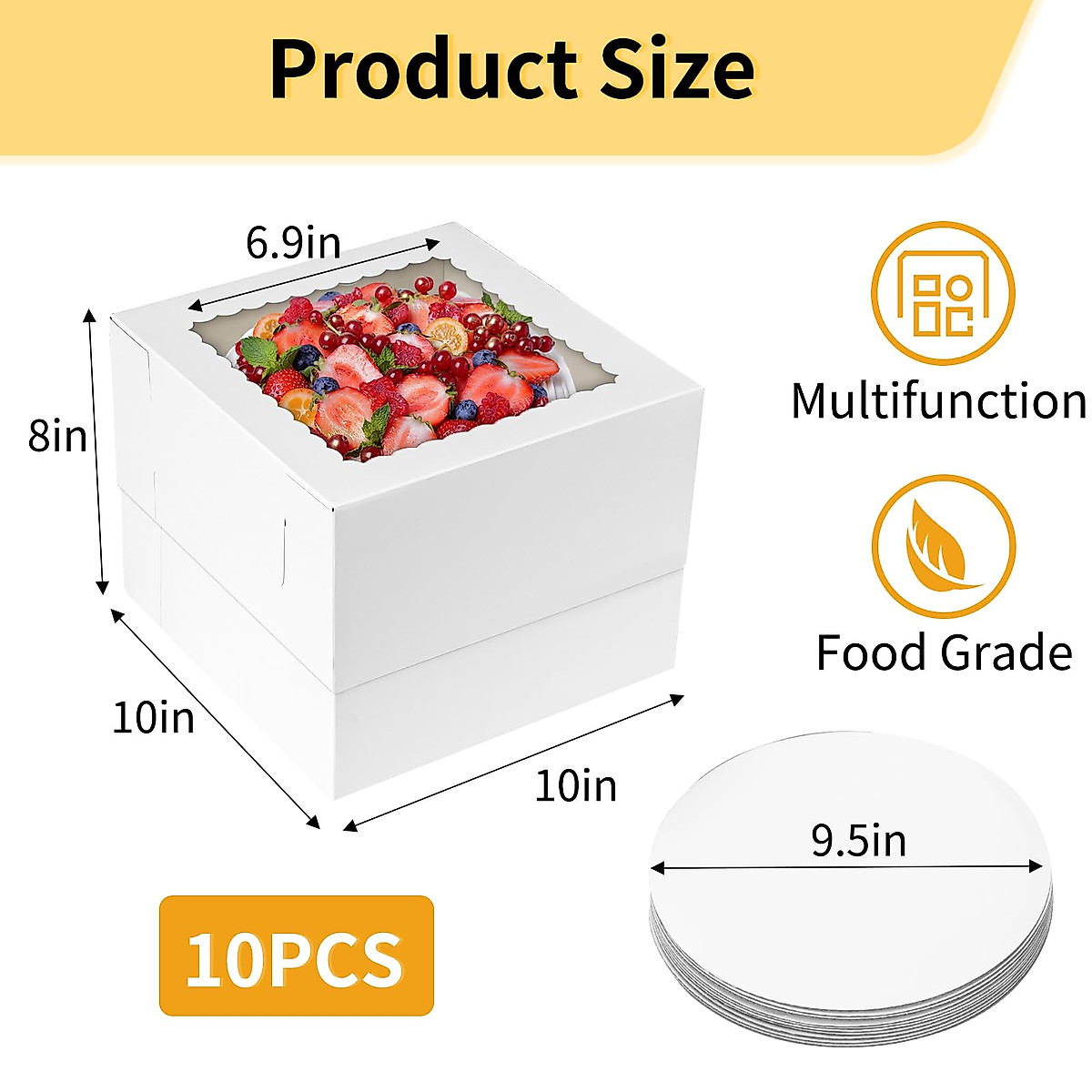 Moretoes 10 Sets Cake Boxes with Boards, 10x10x8 Inches Tall Bakery Boxes with Cake Boards with Window, Cajas Pasteles for Cake, Valentine's Day, Mother's Day, Pastries, Chocolates, Cookies, Pie