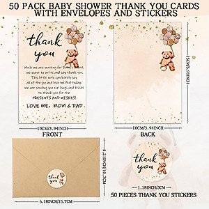 Kisston 50 Sets Baby Shower Thank You Cards 50 Bear Thank You Cards with 50 Envelopes and Stickers Thank You Gift Card for Baby Shower Gender Reveal Party Favor for Girl Boy(Brown)