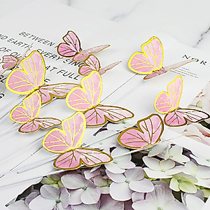 Pink Butterfly Cake Toppers, 11pcs Cupcake Toppers Happy Birthday Metal Gold Topper for Girls Women's Party Decorations