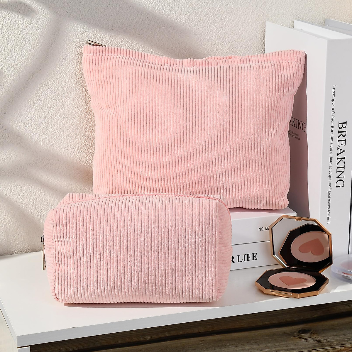 SOIDRAM 2 Pieces Makeup Bag Large Corduroy Cosmetic Bag Capacity Canvas Mix Travel Toiletry Bag Organizer Cute Makeup Brushes Aesthetic Accessories Storage Bag for Women, Corduroy Mix Pink
