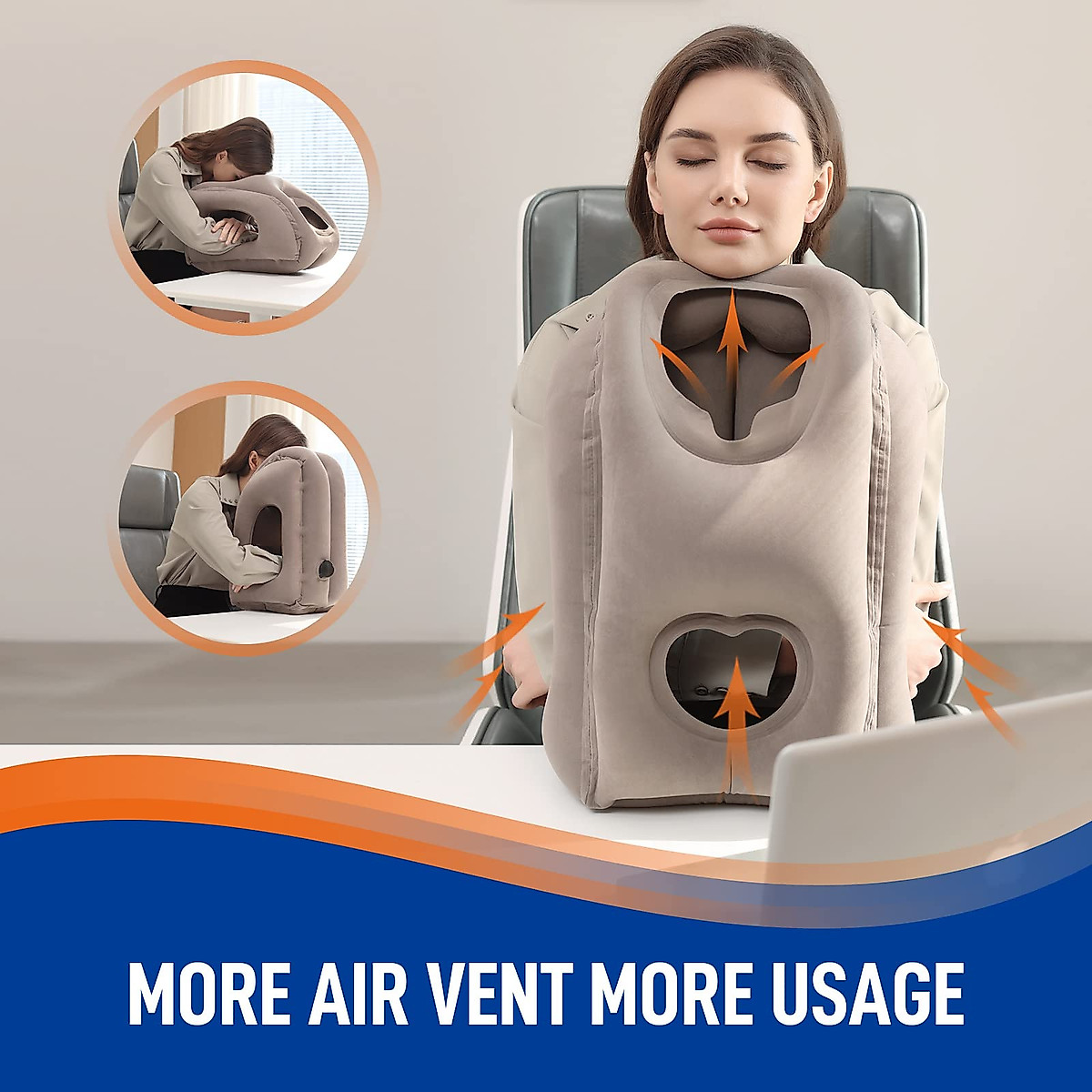 KINSCO Inflatable Travel Pillow，Airplane Neck Pillow for Airplane, Train, car Backseat, Office Lunch Break, Provides You a Comfortable Sleeping Environment. Portable Drawstring Bag (Gray)