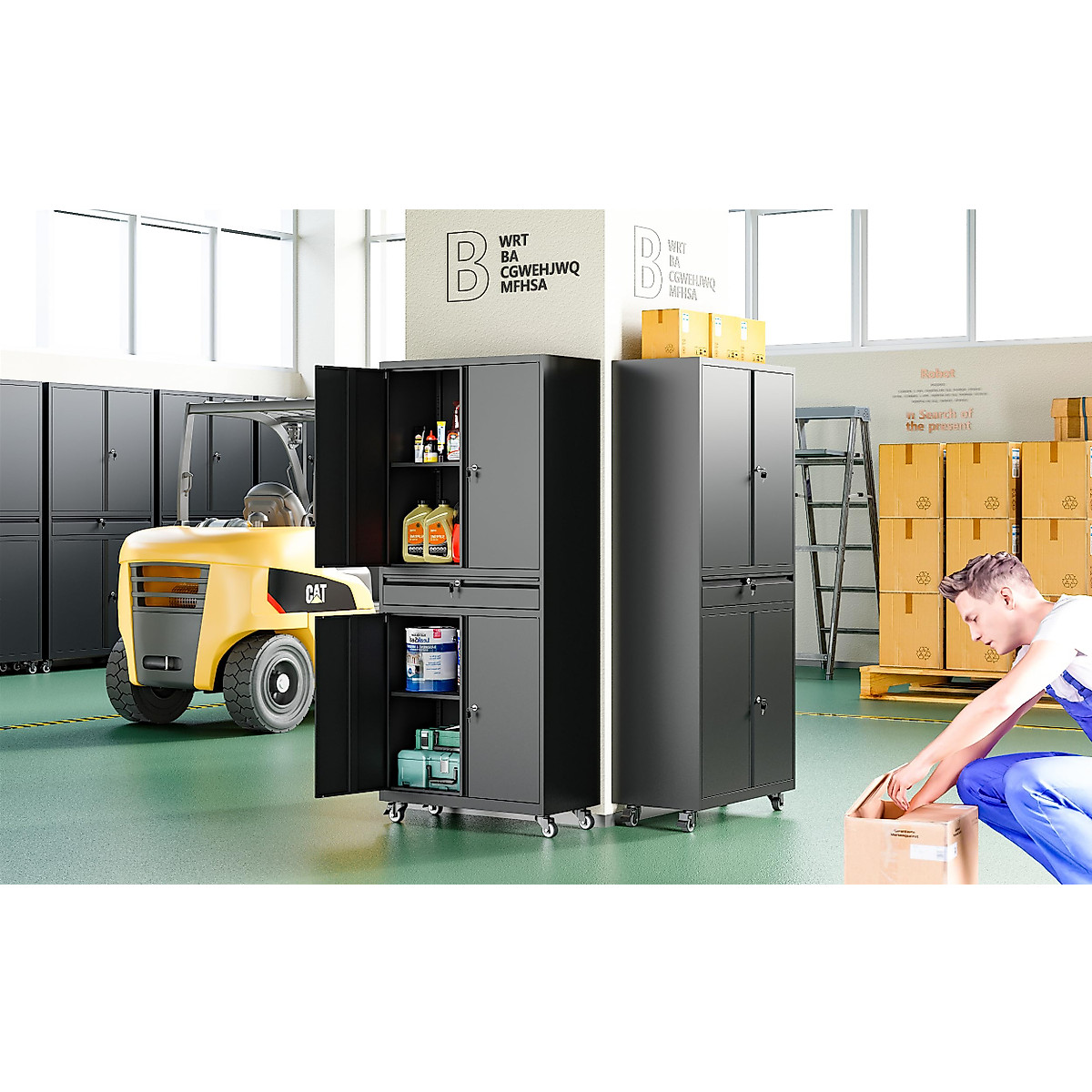 ZAOUS Metal Storage Cabinet, Heavy Duty Garage Cabinet on Wheels, 72'' Tall Storage Cabinets Tool Cabinet with Doors and Shelves for Home Office Utility Room, Black