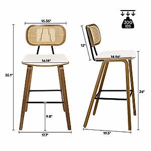 Counter Height Bar Stools Set of 2, Mid Century Modern Counter Stools, 26" Wood Kitchen Stool PU Leather Upholstered Barstool with Rattan Back, Counter Height Island Dining Bar Chair, Cream White