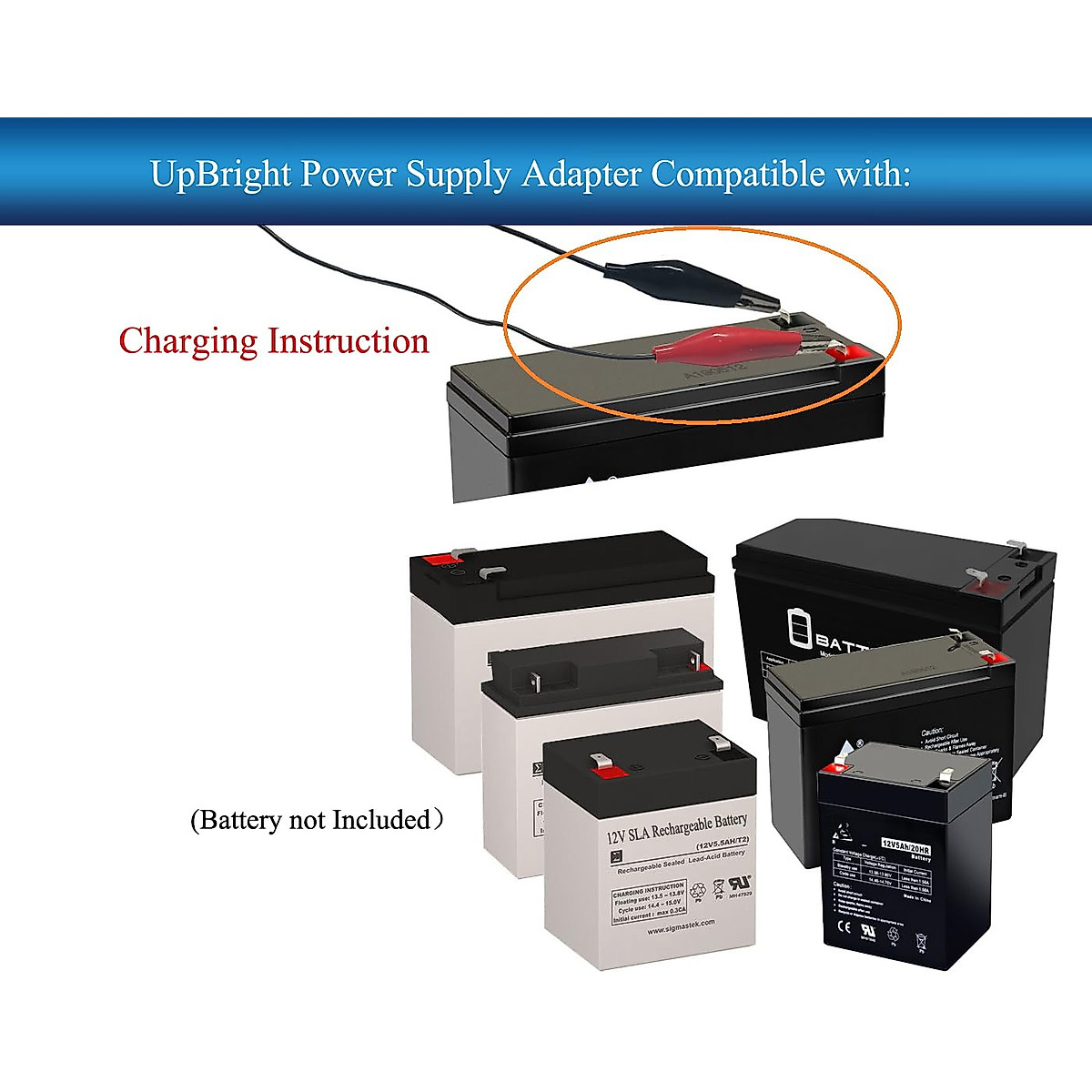 UpBright 12V AC/DC Adapter Alligator Clips Smart Charger Compatible with PowerStar F120-010-W Peg Perego 12 Volt 1.2Ah 4Ah 5Ah 6Ah 7Ah 8Ah 9AH Sealed Lead Acid SLA Battery 12 V Power Supply Cord Cable