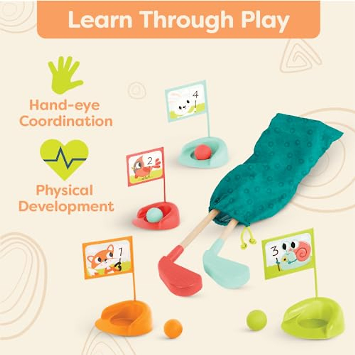 B. toys- Wooden Golf Set- Sports & Outdoors- 15 pc Golf Set for Toddlers with Storage Bag- Pretend Play- 3 Years +