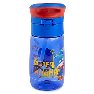 Masha and the Bear 14oz Kids Water Bottle With Straw - Spill Proof Straw Valve, Pop Button, BPA Free Water Bottle for Kids School - Featuring Soft Silicone Handle Grip - Children's Drinkware - Blue