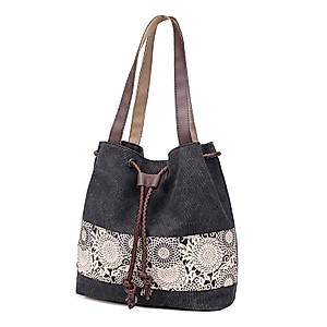 Women Printing Canvas Shoulder Bag Casual Hand Bags Purse Retro Tote Bags (Black) Medium