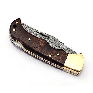 Sky Knives 6.5" Handmade Damascus Steel Folding Hunting Knives For Men, Pocket Knife For Camping, Survival, Skinning And Outdoor Activities With Leather Sheath. (Rosewood)