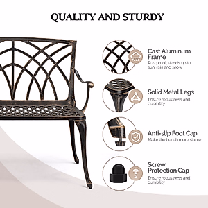 VINGLI 38" Outdoor Bench Cast Aluminium Garden Bench, Orchid Porch Bench Patio Bench Deck Furniture for 1-2 Person Seat(Bronze)