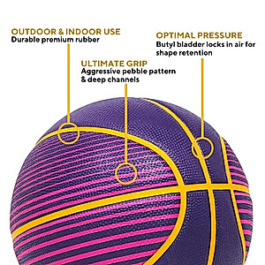 Chance Premium Rubber Outdoor/Indoor Basketball (5 Kids & Youth - 27.5", Rise - Purple, Pink, Yellow) Standly The Ball Stand