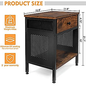 RUNTOP Nightstands Set of 2, Industrial End Table, Side Table with Drawer and Storage Shelf, Night Stands for Bedroom, Living Room, Bedside,Wood Metal Furniture, Easy Assembly, 2 Pack, Rustic Brown