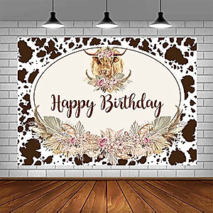 AIBIIN 7x5ft Highland Cows Birthday Backdrop for Boys Girls Cattle Birthday Photography Background Boho Floral Highland Farm Cow Party Decorations Banner Photo Studio Props