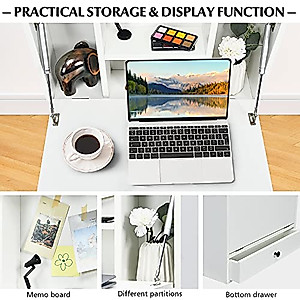 COSTWAY Wall-Mounted Computer Desk, Floating Desk with Storage Drawer & Shelves, Fold-up Desktop & Pneumatic Springs, Ideal for Home, Office, Dormitory, Small Spaces (White)