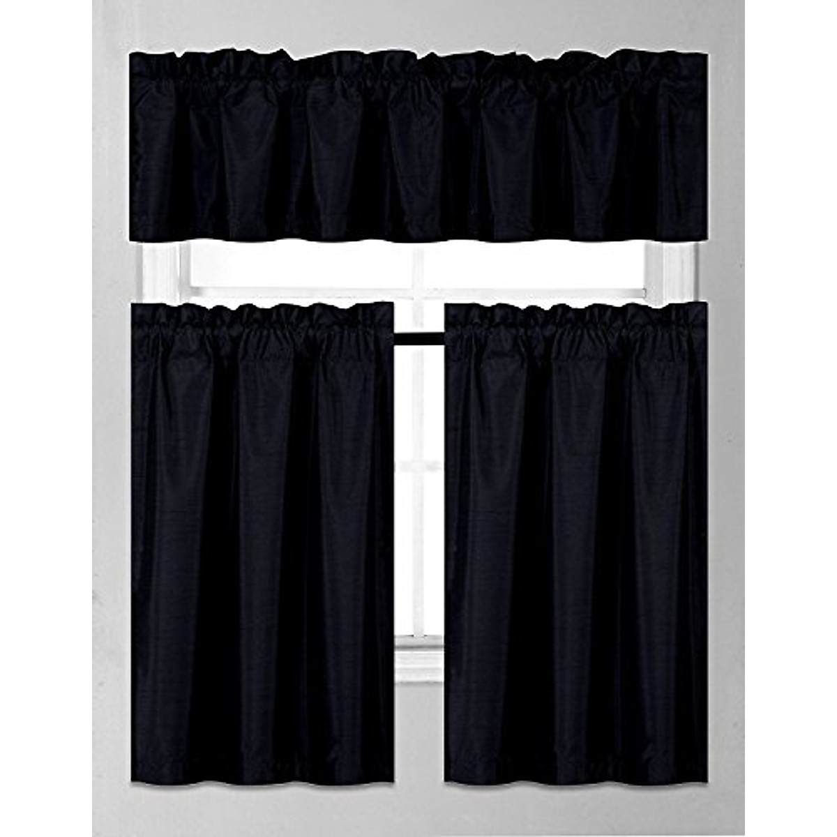 Elegant Home Collection 3 Piece Solid Color Faux Silk Blackout Kitchen Window Curtain Set with Tiers and Valance Solid Color Lined Thermal Blackout Drape Window Treatment Set #K3 (Black)