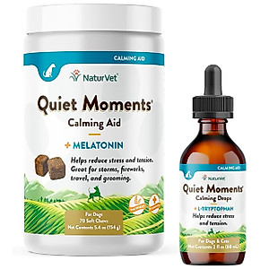 NaturVet Quiet Moments Calming Aid Dog Supplement – Helps Promote Relaxation, Reduce Stress, Storm Anxiety, Motion Sickness for Dogs -70 Soft Chew - Calming Drops - 2 Oz