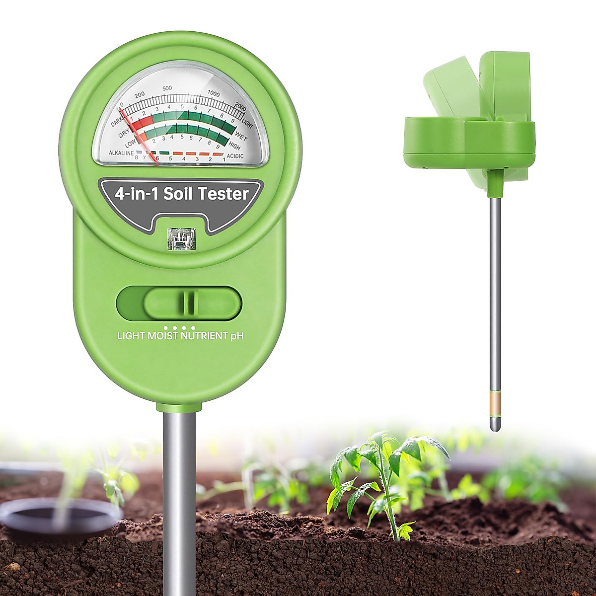 Soil Moisture Meter 4-in-1 Soil Ph Meter Water Monitor Soil Moisture/Light/Nutrients/pH Meter for Gardening Lawn Farming Indoor & Outdoor Promote Plants Healthy Growth No Batteries Required (Green)