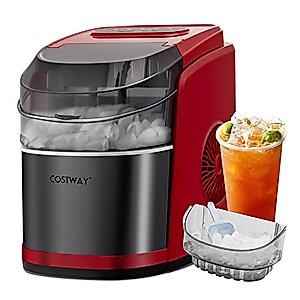 COSTWAY Countertop Ice Maker, Self-Cleaning Function, 26.5 LBS Ice Per Day, 9 Ice Cubes Ready in 6-13 Minutes, Fully Open, Portable Ice Machine with Ice Scoop, Basket for Kitchen Bar Office, Red