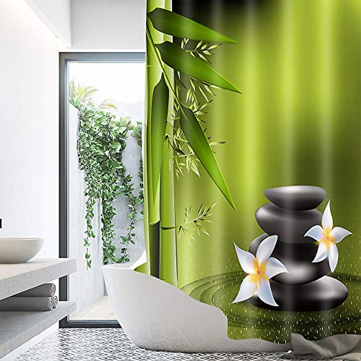 EARVO Spa Theme Shower Curtain Green Bamboo Water Ripples Basalt Massage Stones Triplets for Meditation Theraphy Relaxing Bathroom Decor Waterproof Cloth 48x72 inches 12 Hooks LYEA661-48