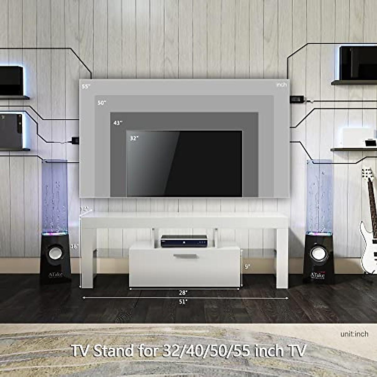 LMEREODY Modern LED TV Stand for 32/40/50/55 inch TV, Gaming Entertainment Center with LED Lights, High Glossy Television Stands with Storage, White Wood TV Console for Living Room, Bedroom