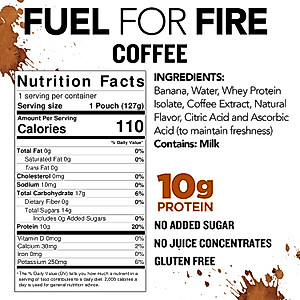 Fuel for Fire Protein Smoothie Pouch - Coffee (12-Pack) | Healthy Snack & Recovery | No Sugar Added, Dietitian Approved | Functional Fruit Smoothies | Gluten Free, 70mg Caffeine (4.5oz pouches)