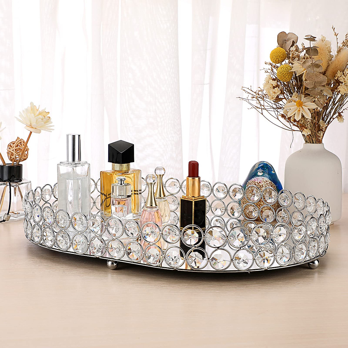 Hipiwe Crystal Vanity Tray, Mirrored Dresser Perfume Trays for Makeup Tray Cosmetic Skin Care Storage, Jewelry Trinket Organizer Tray for Bathroom Countertop Home Decor, Large