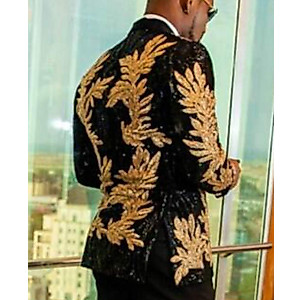 Lovee Tux 2 Pieces Men's Shiny Sequins Gold Applique Suits Prom Tuxedos Grooms Jacket Wedding Party Suits (Blazer+Pants)(34,Black)
