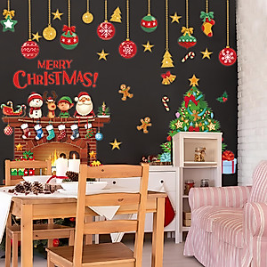 Christmas Wall Decals Christmas Tree Wall Stickers Christmas Ball Fireplace Decals Stickers Removable Merry Christmas Wall Decorations for Xmas Party Bedroom Living Room Office Home Decor, 4 Sheets
