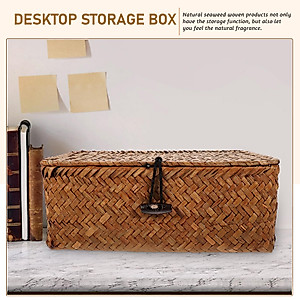 Gatuida Rectangular Wicker Baskets with Lids, Seagrass Storage Baskets with Button Multipurpose Container for Desktop,Size S