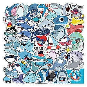 Cute Shark Waterproof Stickers for Kids Boys, 50Pcs Cool Ocean Shark Vinyl Stickers Pack for Water Bottle, Laptop, Scrapbook, Luggage, Skateboard, Guitar Decals, Summer Stickers, Animals Party Favors (Shark)
