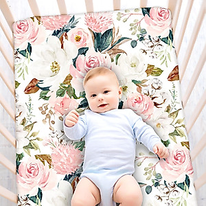 Fitted Crib Sheets for Baby Boys and Girls, Ultra-Soft Jersey Knit Cotton Baby Crib Sheet Fits Standard Crib and Toddler Mattress, Pink Flower
