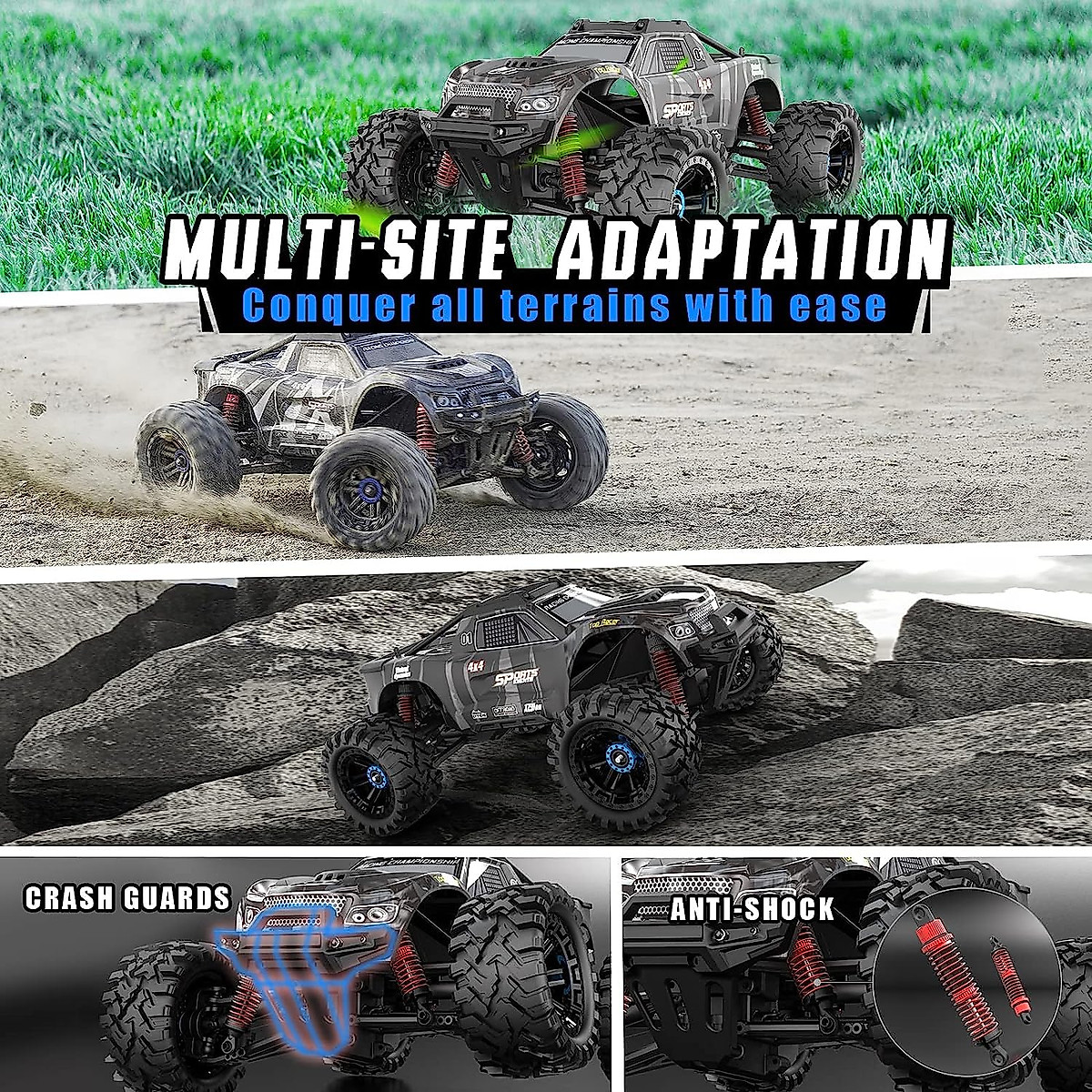 FUUY RC Cars for Adults 1:10 Large Remote Control Car 45KPH High-Speed RC Truck with 2 Batteries All Terrain Waterproof Off Road Fast RC Car with 550 Power Motor Toys Gift for Youth