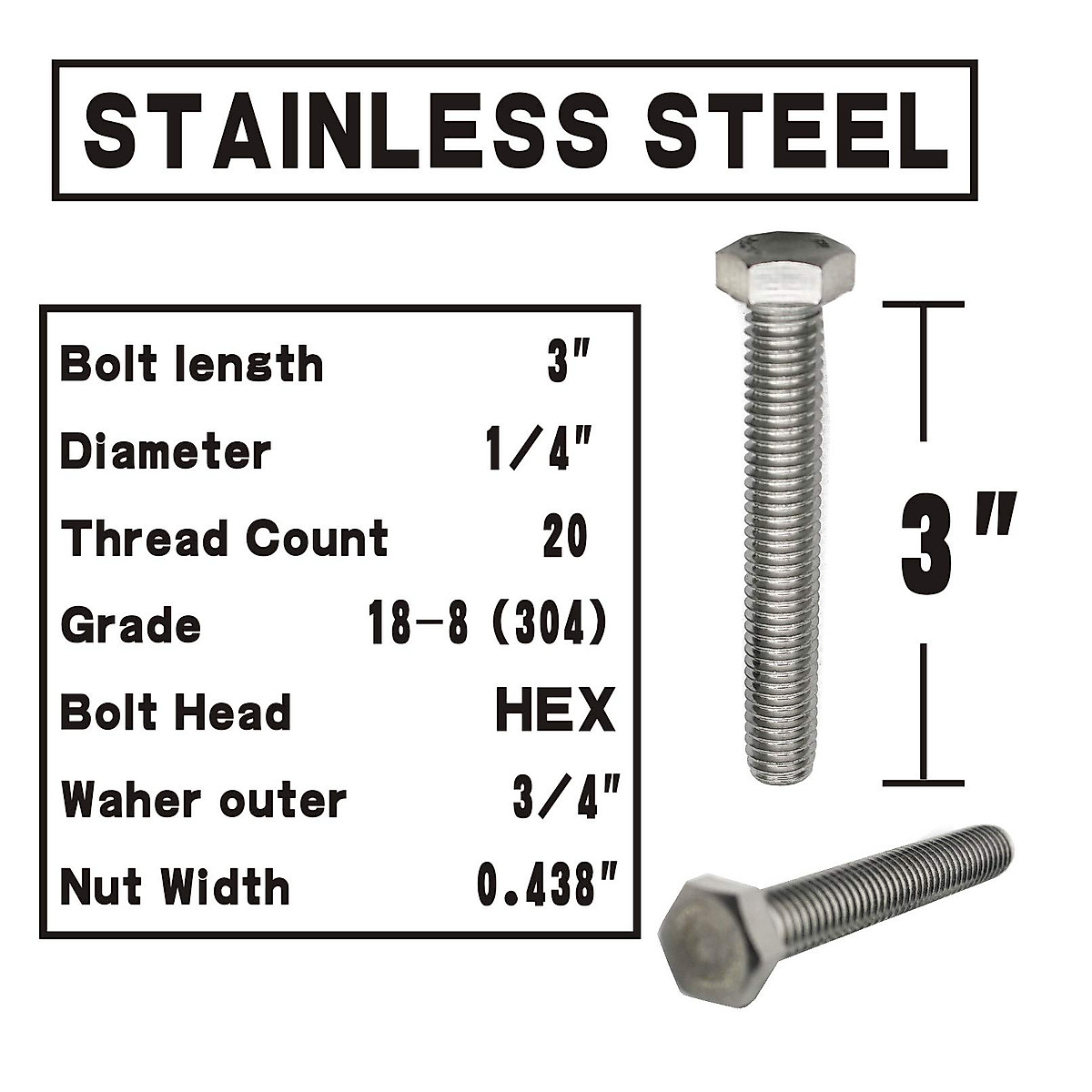 (10 Sets) 1/4-20x3" Stainless Steel Hex Head Screws Bolts, Nuts, Flat & Lock Washers, 18-8 (304) S/S, Fully Threaded by Bolt Fullerkreg