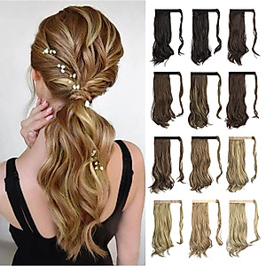 SOFEIYAN Curly Ponytail Extension 15 Inch Heat Resistant Synthetic Natural Wavy Hairpiece Wrap Around Pony Tail Hair Extensions for White Black Women Hair Piece, Brown & Blonde