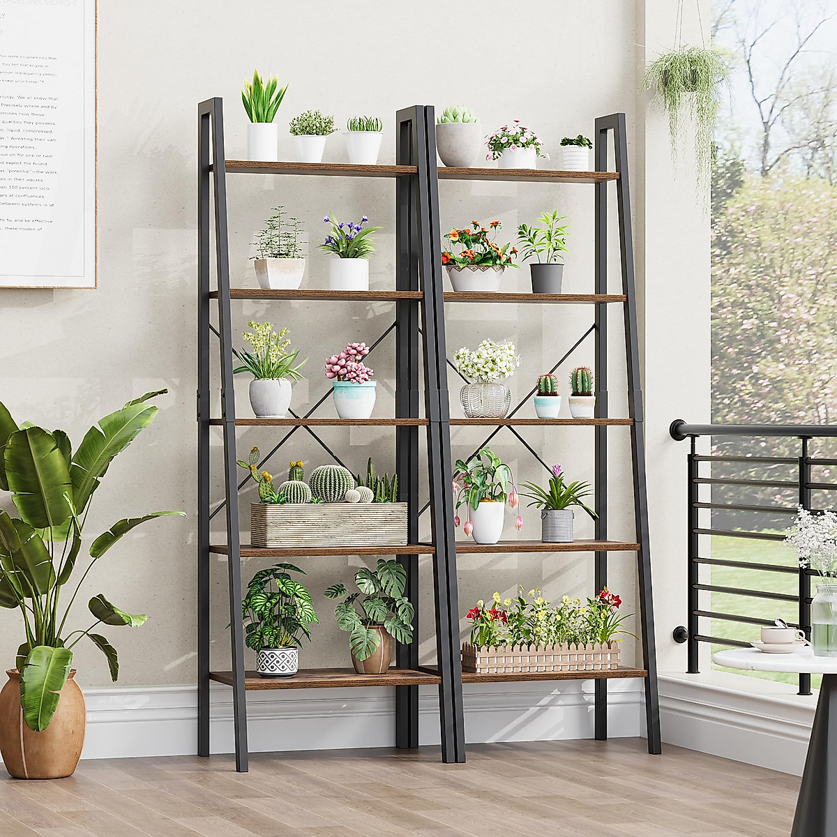 FINETONES 5-Tier Ladder Shelf, Ladder Bookshelf Bookcase with Metal Frame, Plant Rack Display Shelf Accent Furniture for Home Office, Black/Rustic Brown