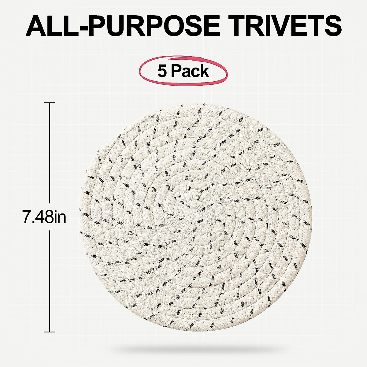 5 Pieces Trivets for Hot Dishes, Potholders Set 100% Cotton Woven Hot Pot Holders Set, Farmhouse Coasters, Hot Pads, Table Mats, Spoon Rest for Baking and Cooking, Kitchen Decor, 7 Inch