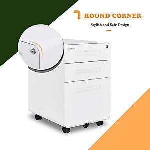 Bonnlo 23.8" H 3 Drawer Rolling File Cabinet with Lock, Mobile File Cabinet Under Desk with Pencil Tray, White Locking File Cabinet for Home Office, Metal Filing Cabinet Printer Stand Fully Assembled