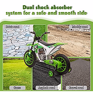 TOBBI Electric Motorcycle for Kids 12V Dirt Bike Ride on Toy Battery Powered Motorbike Off-Road Motocross Kid Motorized Vehicles w/ 2 Speeds, 35W Dual Motors, Training Wheels, Green