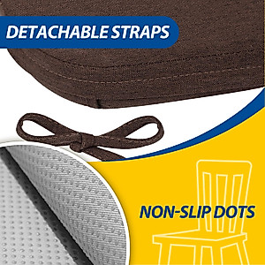 AAAAAcessories D-Shaped Chair Cushions with Ties and Removable Cover, 2'' Thick Kitchen Chair Pads, Indoor Dining Room Chair Cushions, 17'' x 16'', 6 Pack, Brown