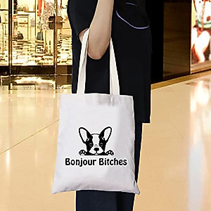 JNIAP French Bulldog Tote Bag French Bulldog Lover Gift Bonjour Bitches Shoulder Handbag French Bulldog Owner Grocery Bag (French Bulldog Tote Bag)