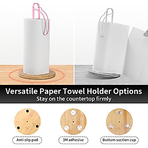 TONLEA Wood Paper Towel Holder with Fixer, Paper Towel Holder Countertop, Kitchen Towel Holder Free-Standing with Fixed or Non-Slip Wooden Base-Pink