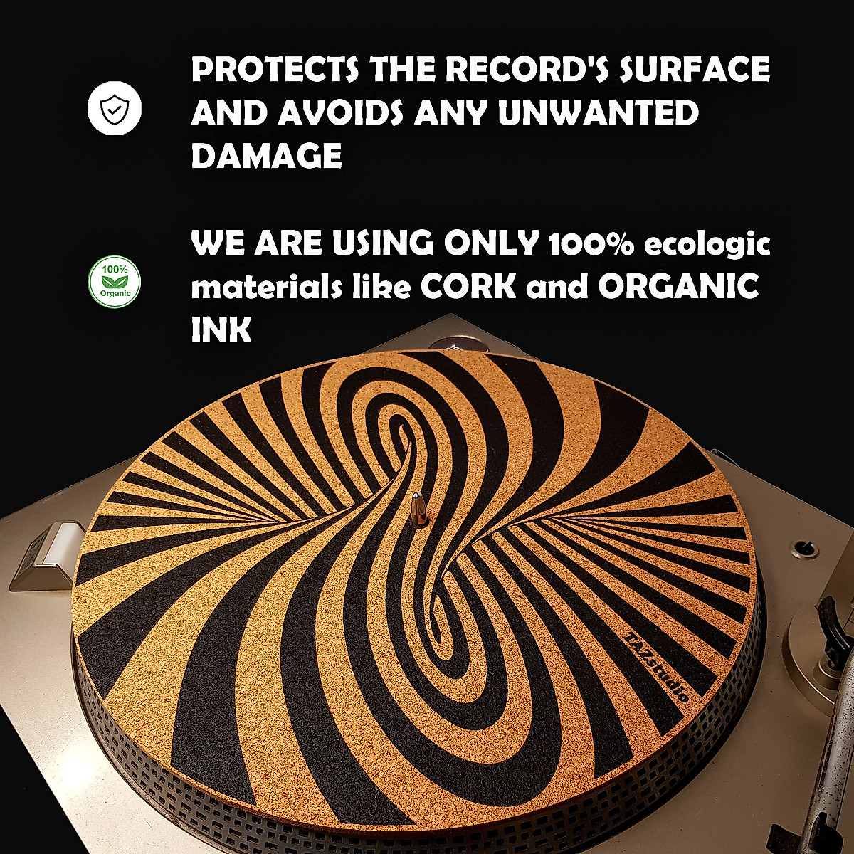 TazStudio Premium slipmat - Cork Turntable Mat for Better Sound Support on Vinyl LP Record Player - Cork mat Original Geometric Design Psychedelic Geometric spiral Art [4mm Thickness]-m7