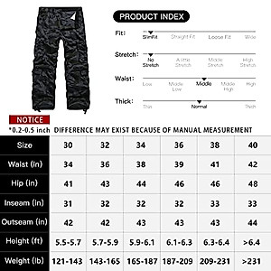 zeetoo Mens Relaxed-Fit Cargo Pants Multi Pocket Military Camo Combat Work Pants #03 Black 38