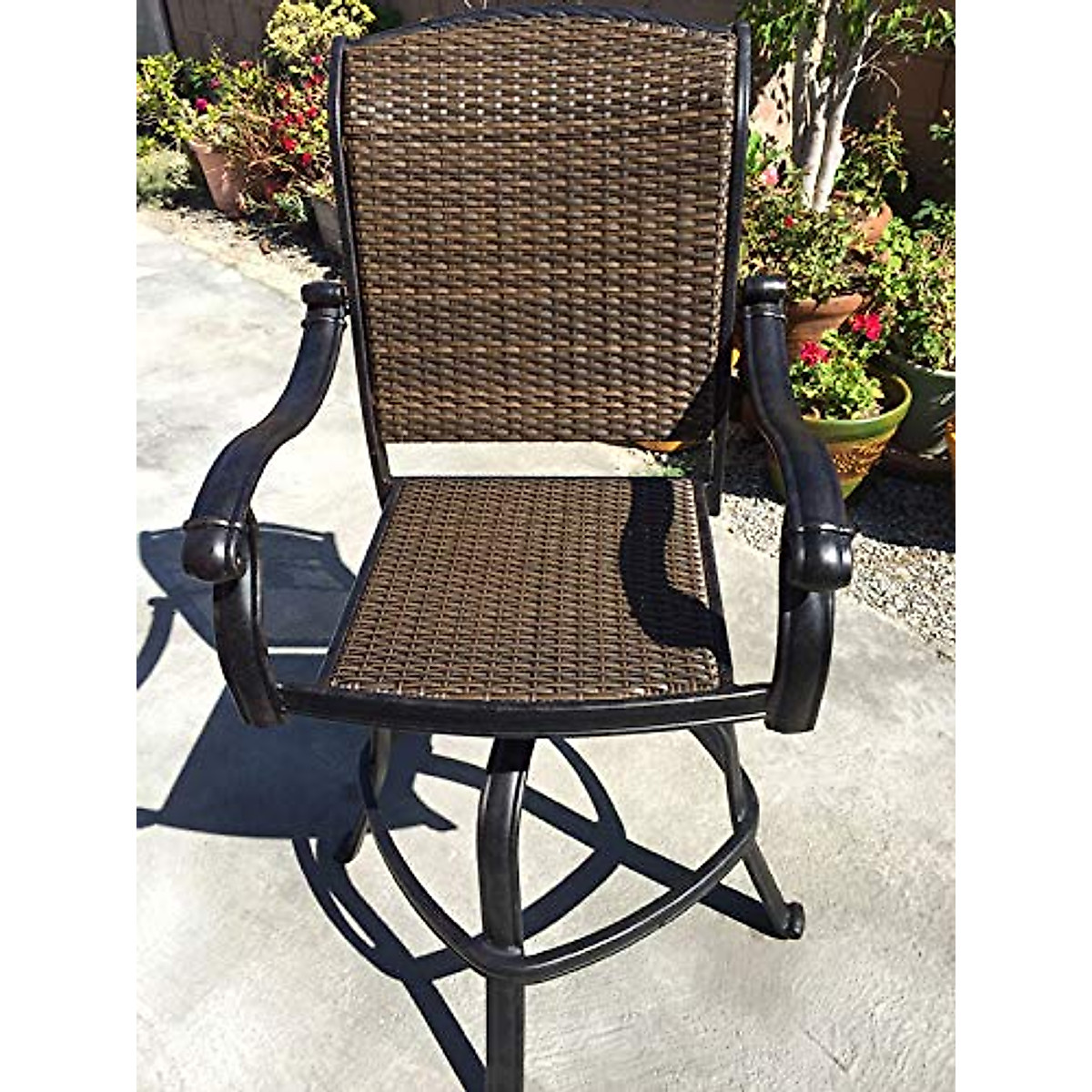 Sunvuepatio 9 Piece Fire Pit Patio Dining Outdoor Bar Set Santa Clara Swivels Barstools Table Cast Aluminum Wicker Furniture.