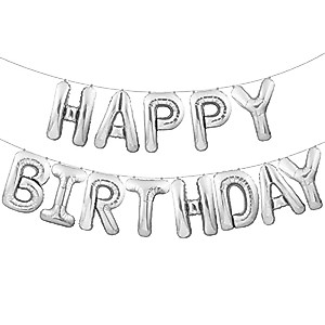 RUBFAC Silver Happy Birthday Balloons Banner, 16 Inch 3D Silver Mylar Foil Birthday Letters Sign for Kids Adults Boys Girls Birthday Decorations Party Supplies