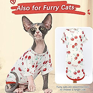 DENTRUN Cherry Pattern Sphynx Hairless Cats Shirt, Pullover Kitten T-Shirts with Puff Sleeves, Breathable Cat Wear Cute Turtleneck Sweater Adorable Cat's Clothes Vest Pajamas Jumpsuit, XS